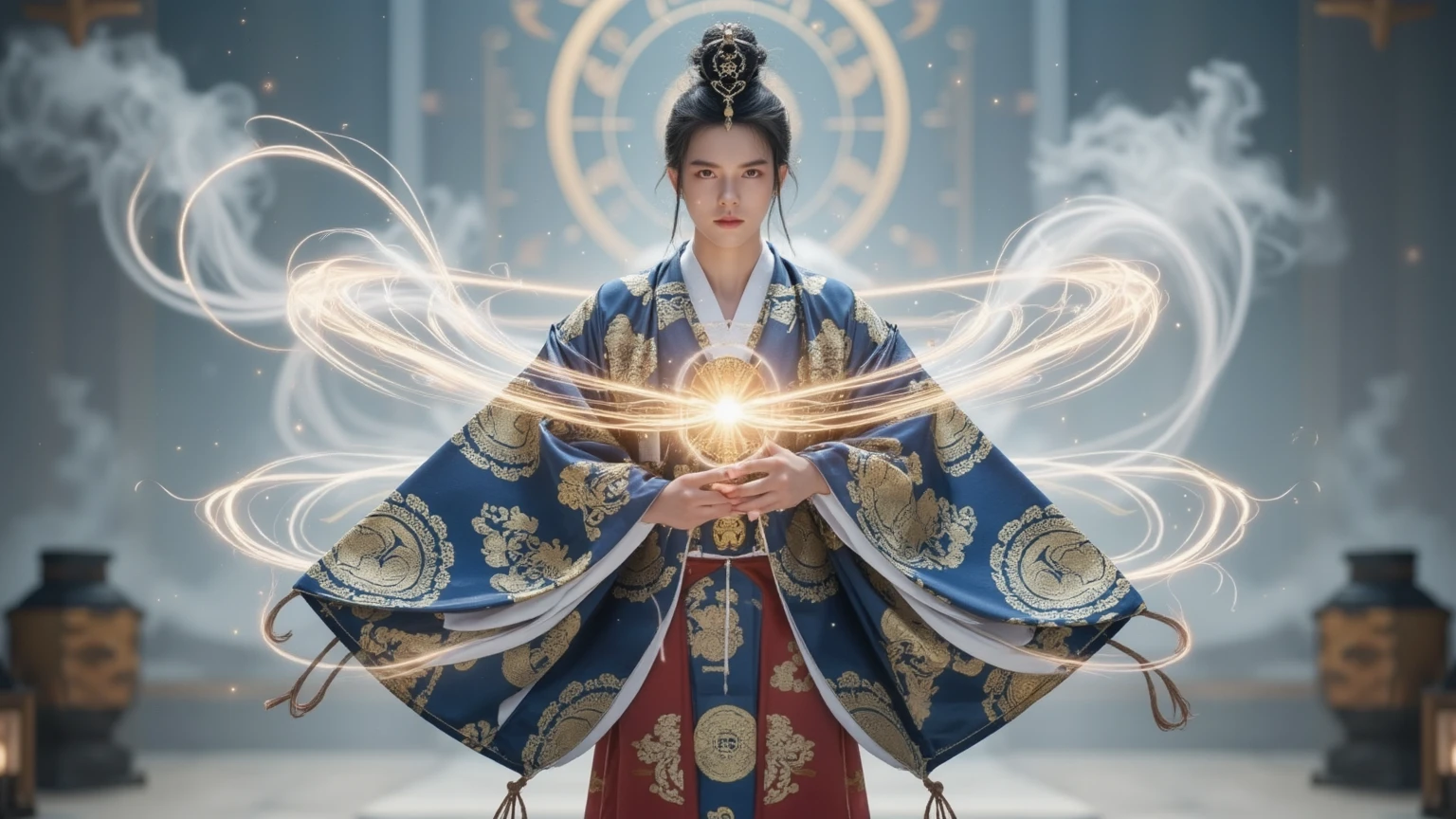 A young Japanese Shinto priest, 22 years old, wearing a luxuriously ...