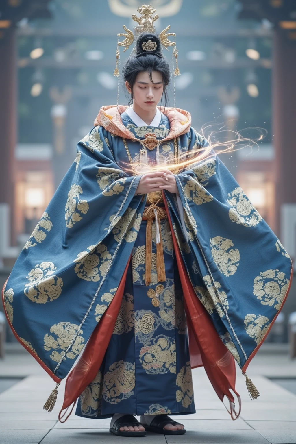 A young Japanese Shinto priest, 22 years old, wearing a luxuriously ...