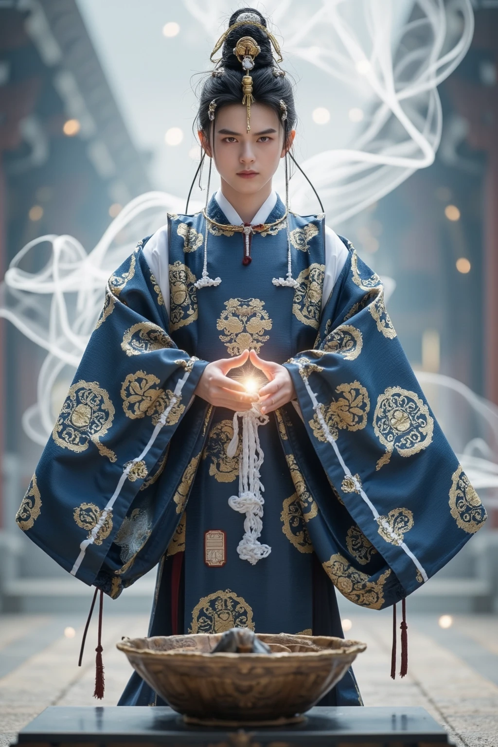 A young Japanese Shinto priest, 22 years old, wearing a luxuriously ...