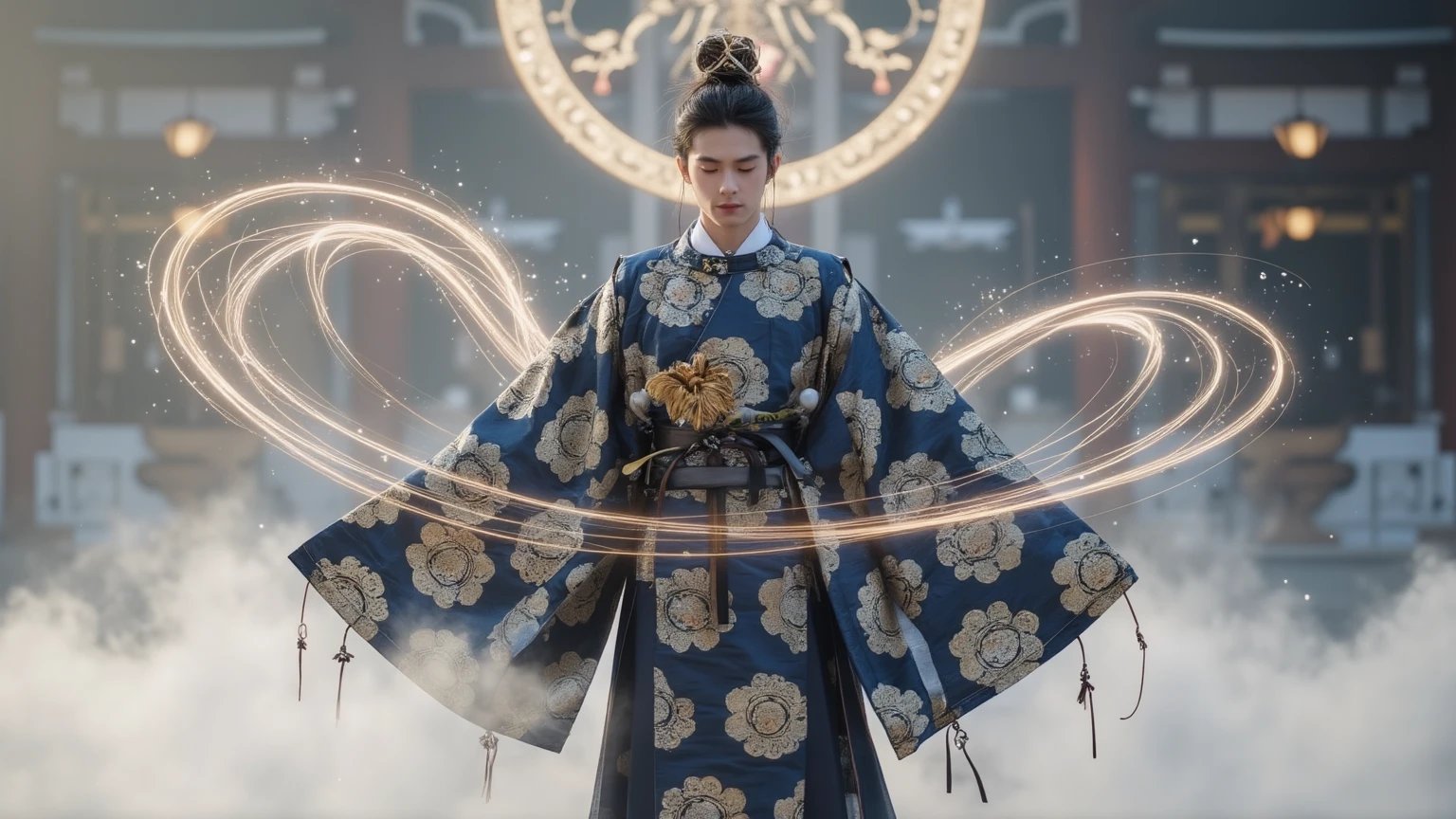 A young Japanese Shinto priest, 22 years old, wearing a luxuriously ...