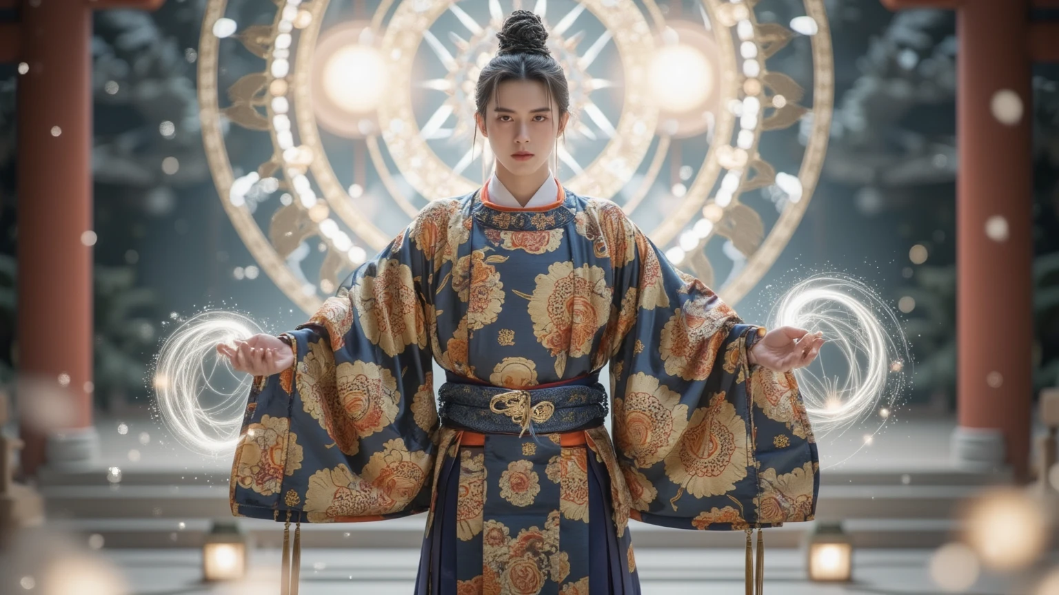 A young Japanese Shinto priest, 22 years old, wearing a luxuriously ...