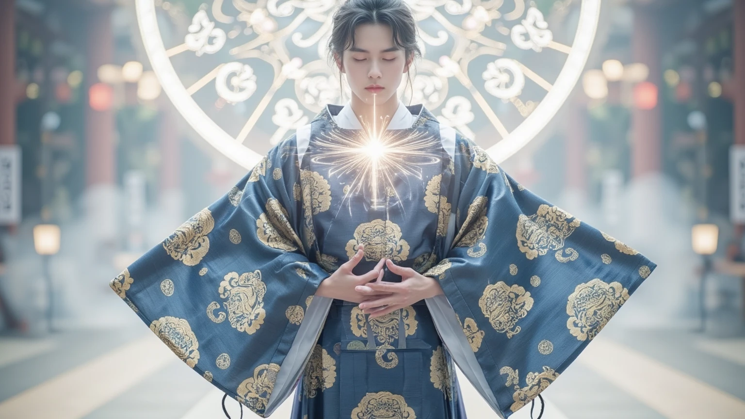 A young Japanese Shinto priest, 22 years old, wearing a luxuriously ...