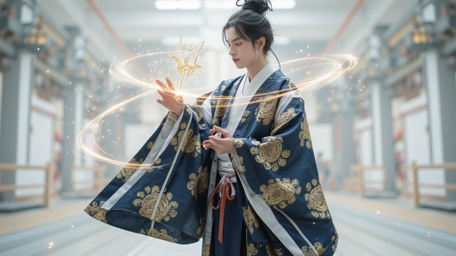 A young Japanese Shinto priest, 22 years old, wearing a luxuriously ...
