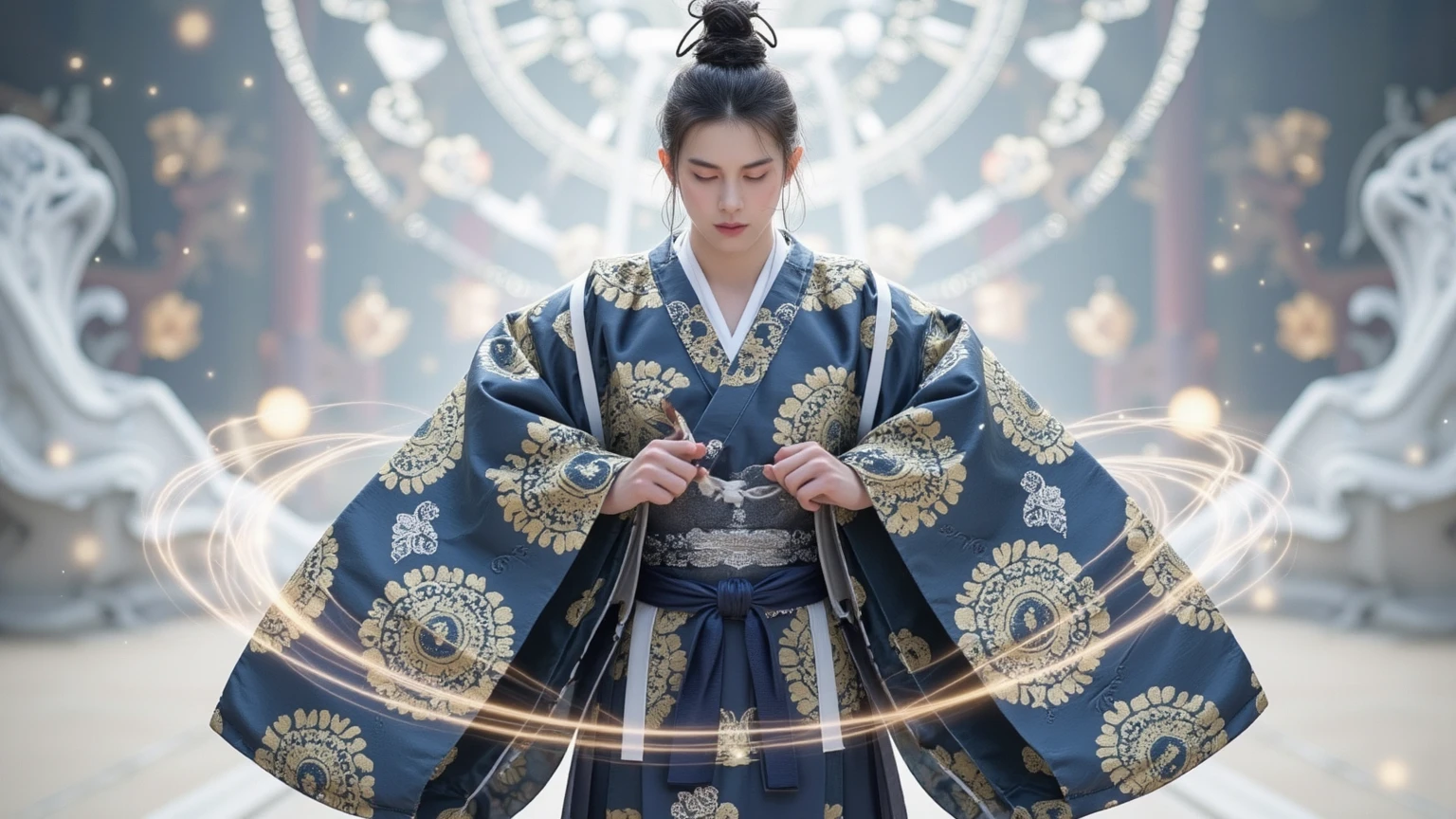 A young Japanese Shinto priest, 22 years old, wearing a luxuriously arranged mod - SeaArt AI