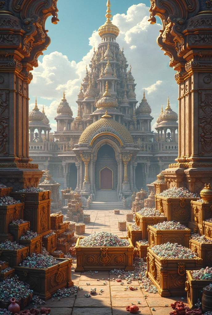 Many CHESTS WITH DIAMONDS INSIDE and a Hindu temple in the background ...