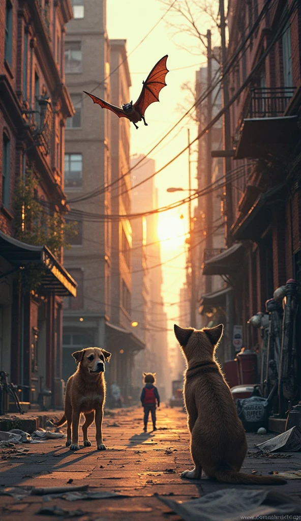 Urban street at dusk, with a bat flying, a stray dog and a stray cat ...