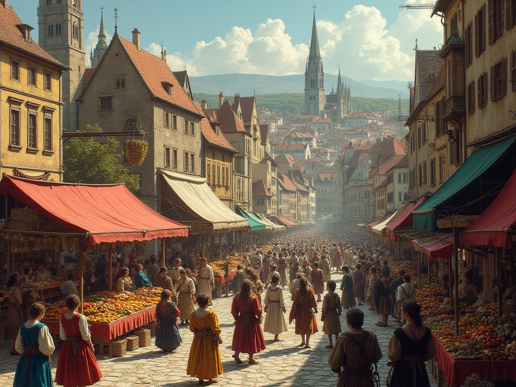 Please draw a Renaissance city fair: there is a brisk trade, the stalls ...