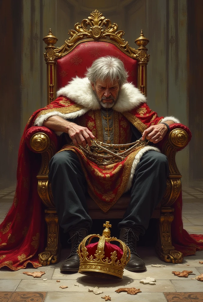 The king falls off the throne with his gray head falling the crown onto ...