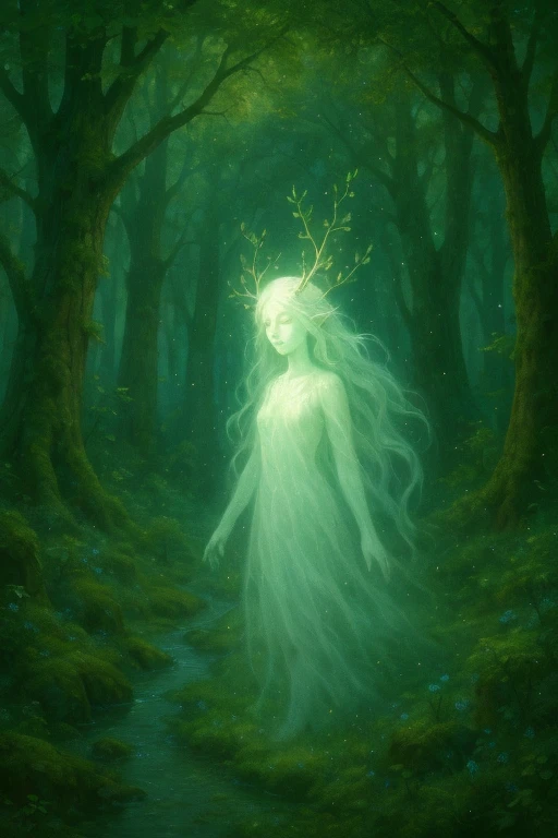 A mystical forest inhabited by a glowing female forest spirit with ...