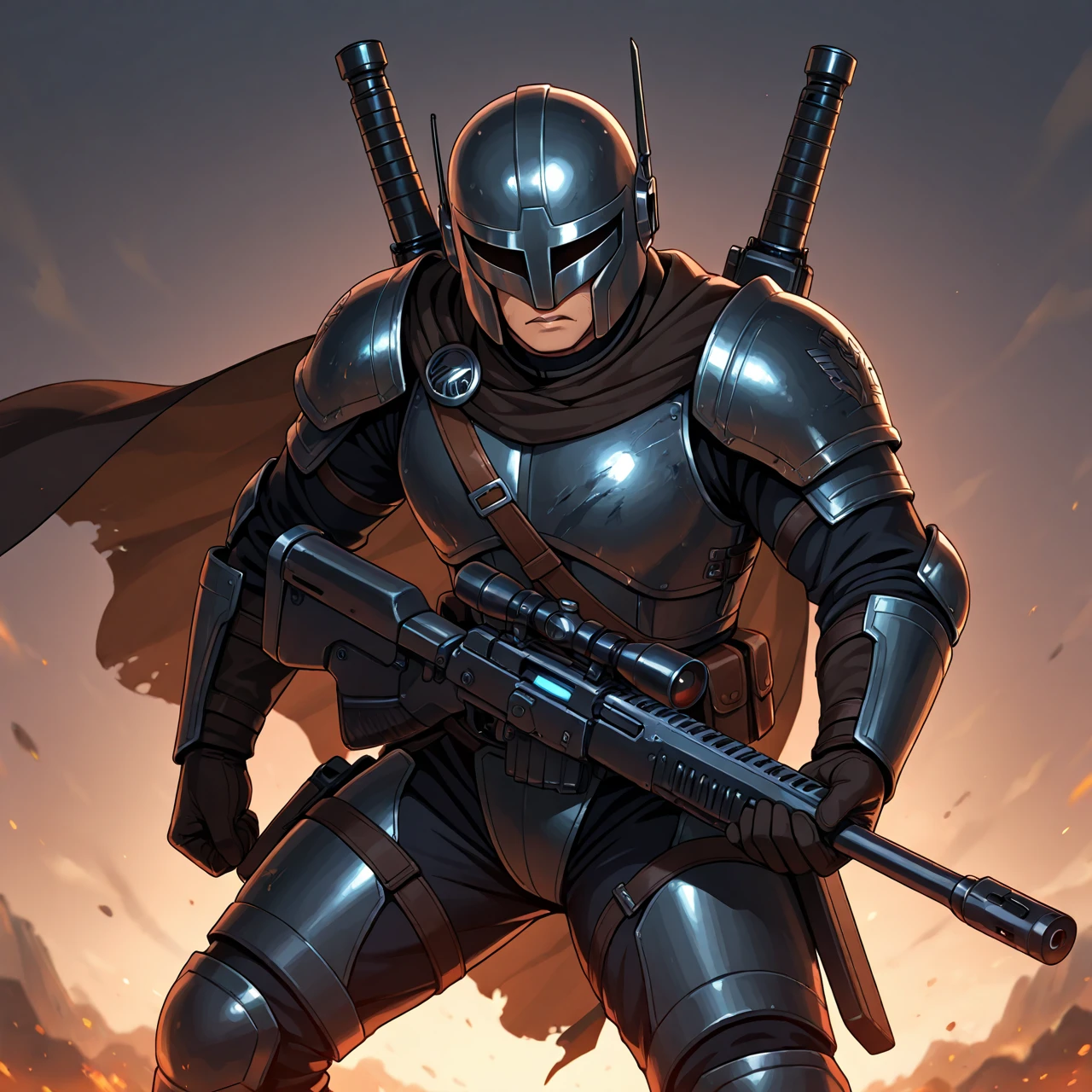 "A powerful and handsome Black Mandalorian warrior, tall and muscular ...