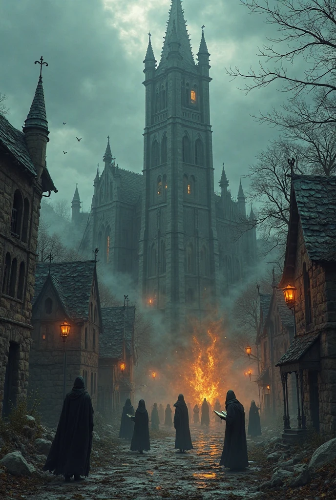 "A majestic yet eerie medieval church towering over a crumbling village ...