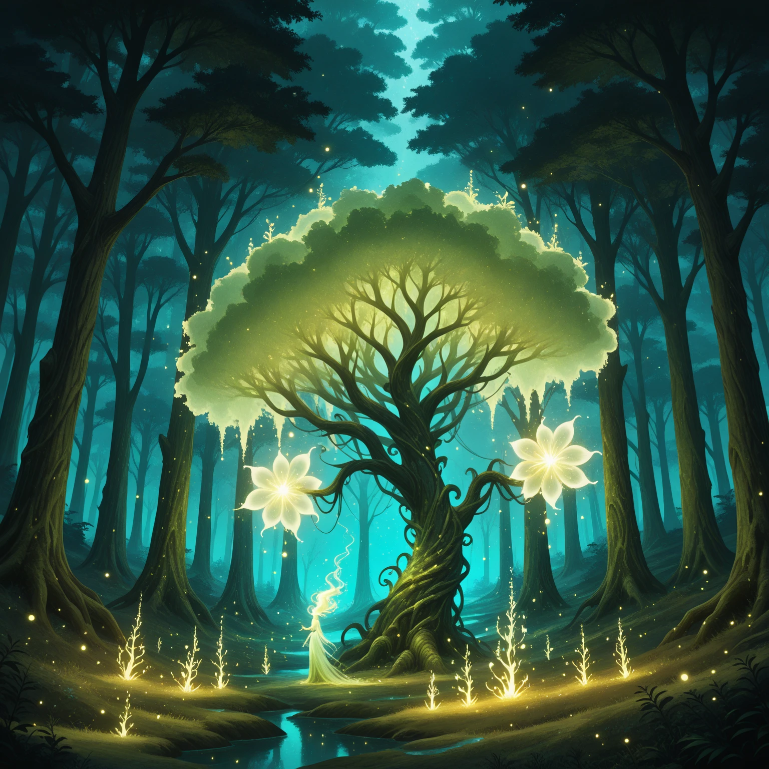A mystical forest, ethereal atmosphere, glowing mist, ancient trees ...