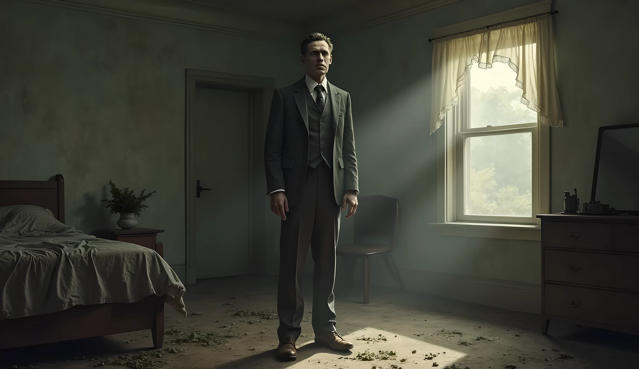 A full-body male character in his early 30s, standing stiffly in the ...