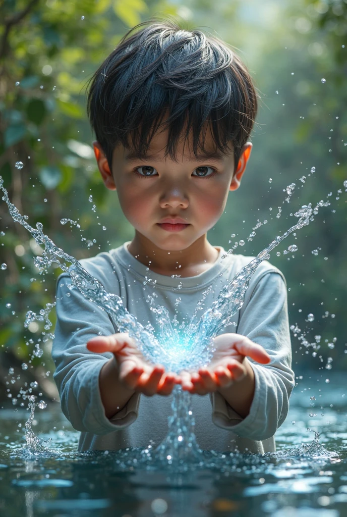 A child using water powers coming out of his hand - SeaArt AI
