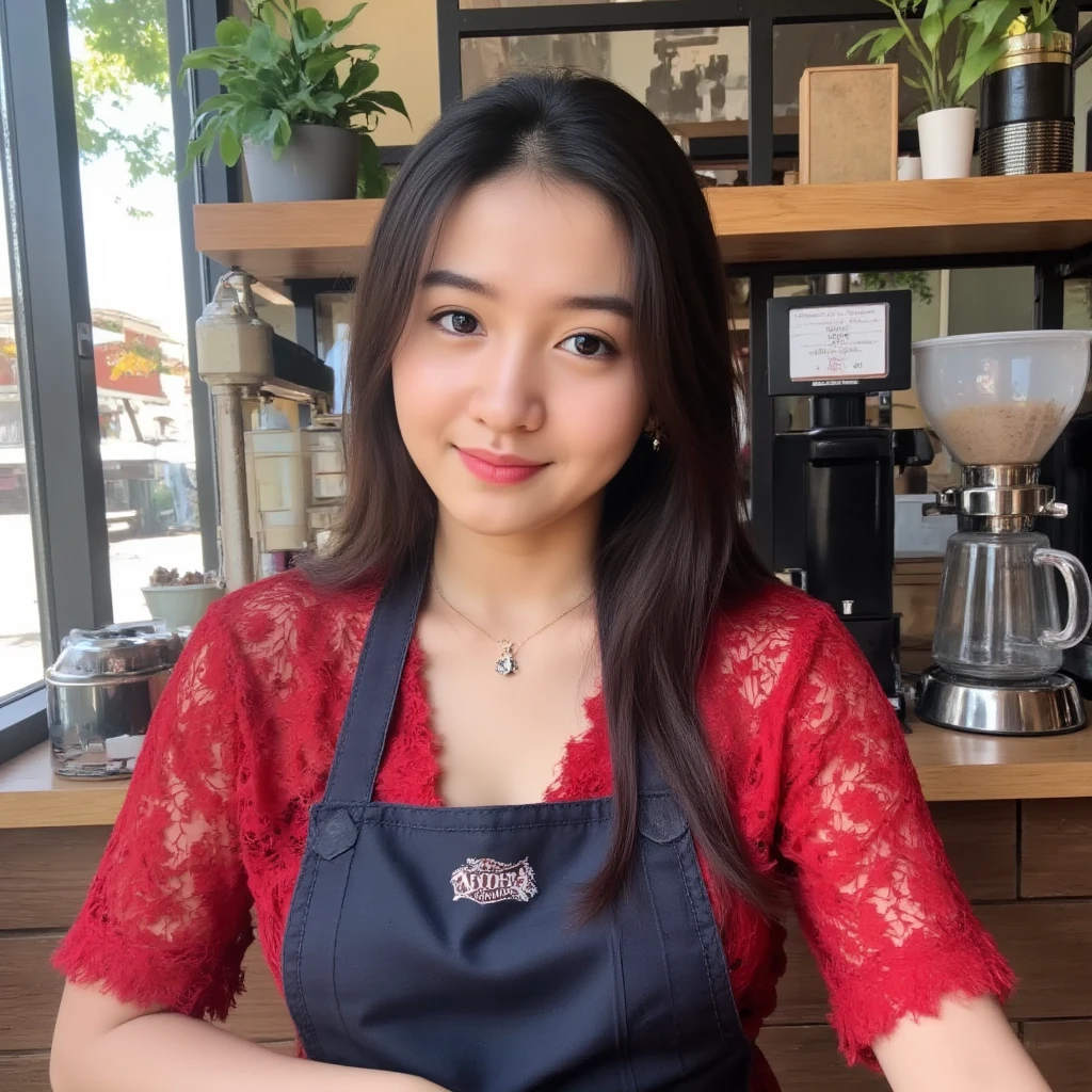 A female barista in a modern cozy café. Mixed blood Indonesian - SeaArt AI