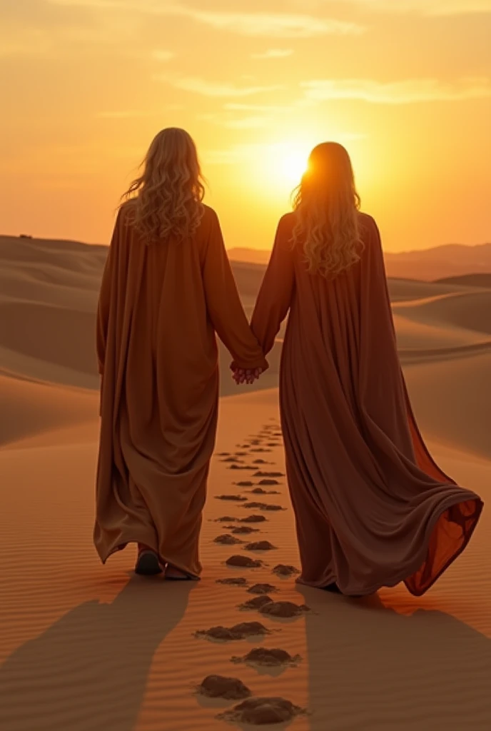 “Two majestic queens in flowing robes walking slowly into the horizon ...