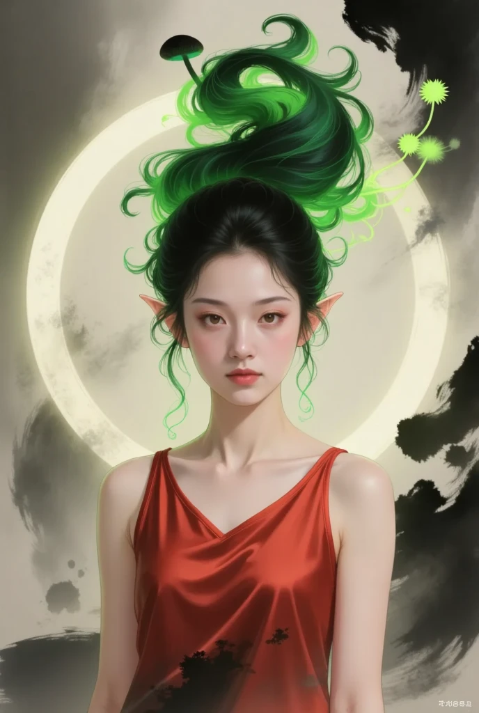 Hair style and hair color Styling：Dark green gradient fluorescent long hair - SeaArt AI