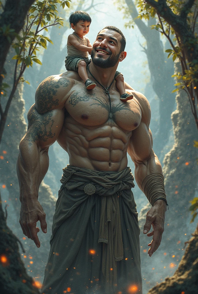 Draw Jinn,He smiles, has a loving look, is muscular, and has a boy ...