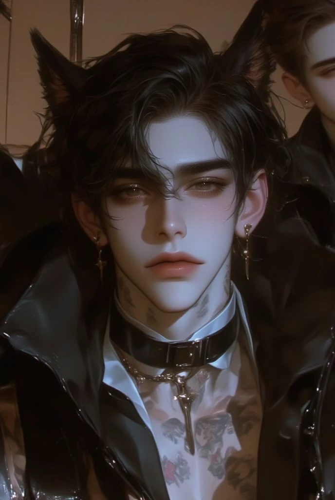 A handsome young man with wolf ears on his head, tousled dark hair ...