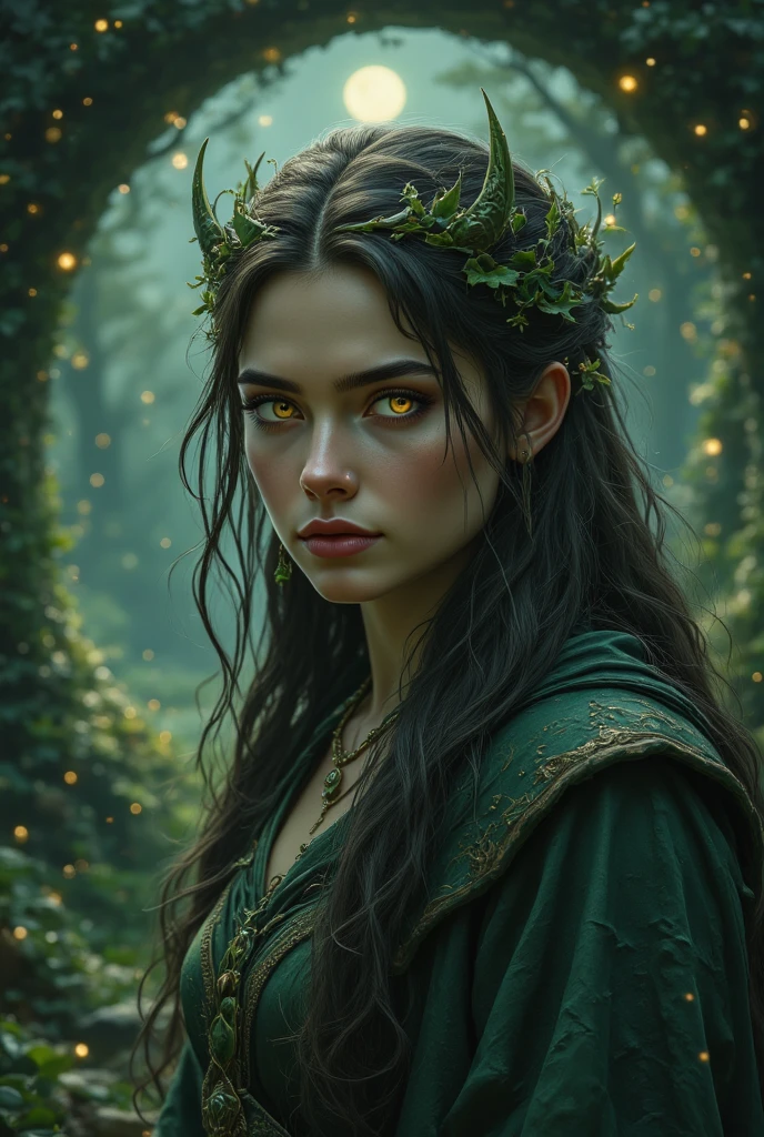 Close-up portrait of a druid priestess from the Fey-themed Druid Circle ...