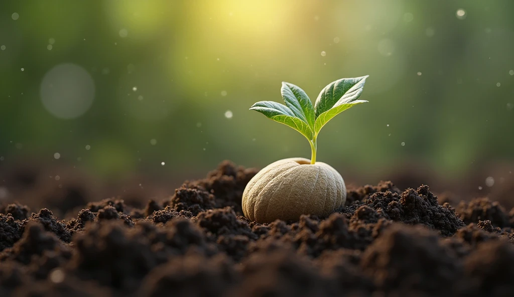 Imagem: Close-up of a seed under the ground with a sprout starting to ...
