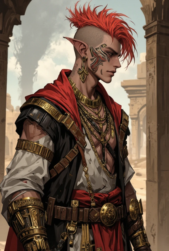 Desert elf nomad warrior with shaved sides and tall red mohawk - SeaArt AI