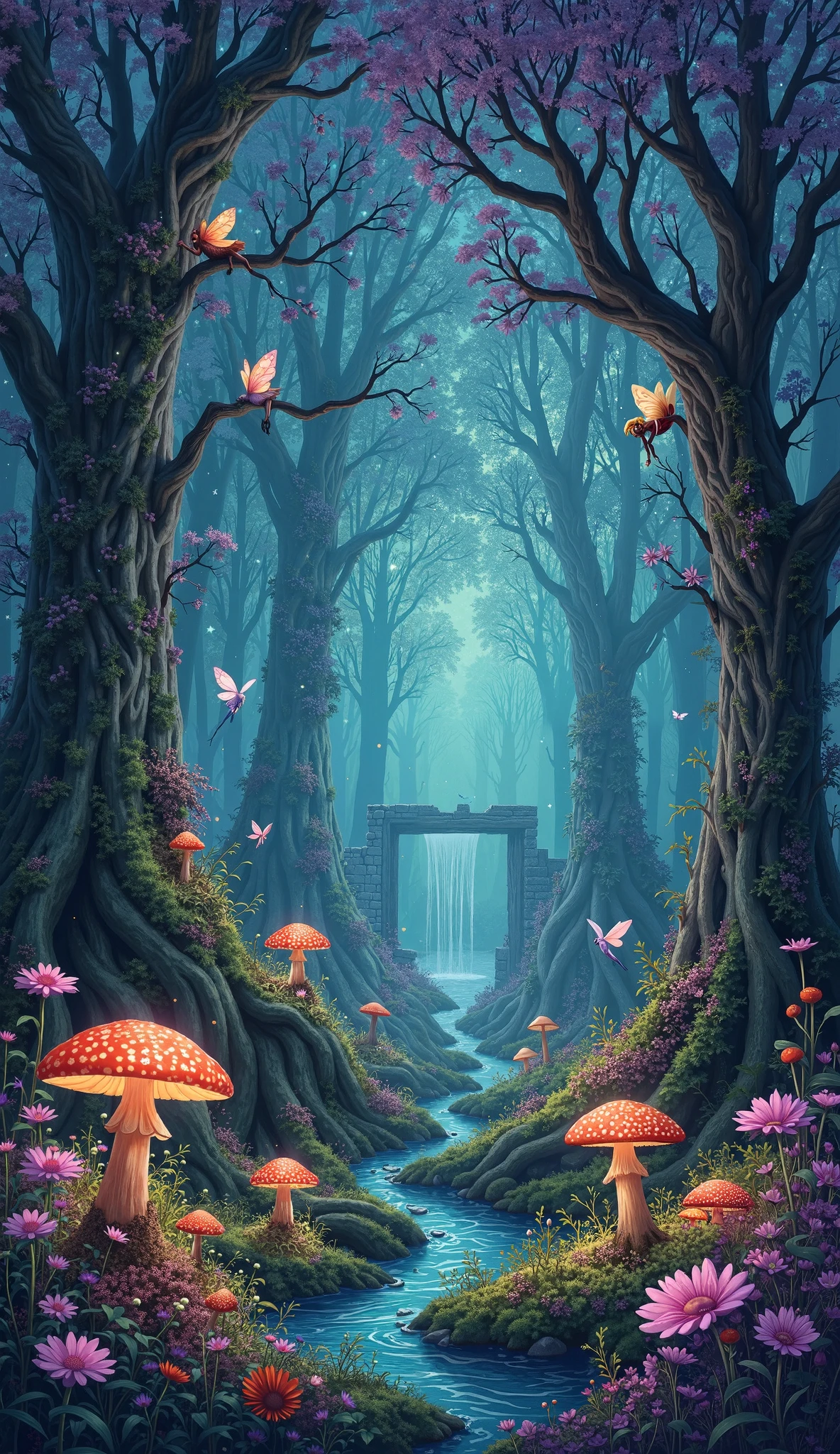 Create a mesmerizing illustration of a "Fairy Forest" in a dark fantasy ...