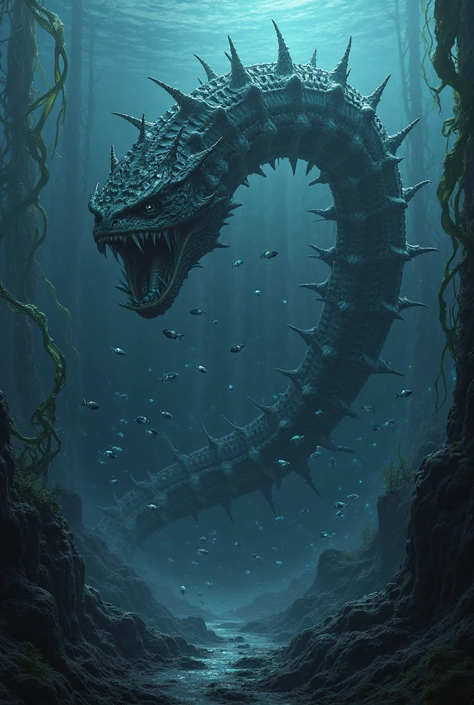 Create a Leviaathan-like monster in the shape of a sea serpent deep in ...