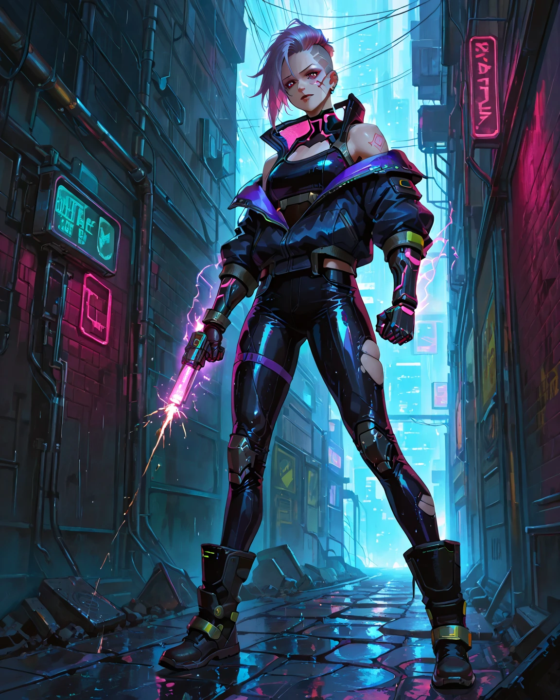 Fearless cyberpunk fighter, standing in a neon-lit alley, mohawk long ...