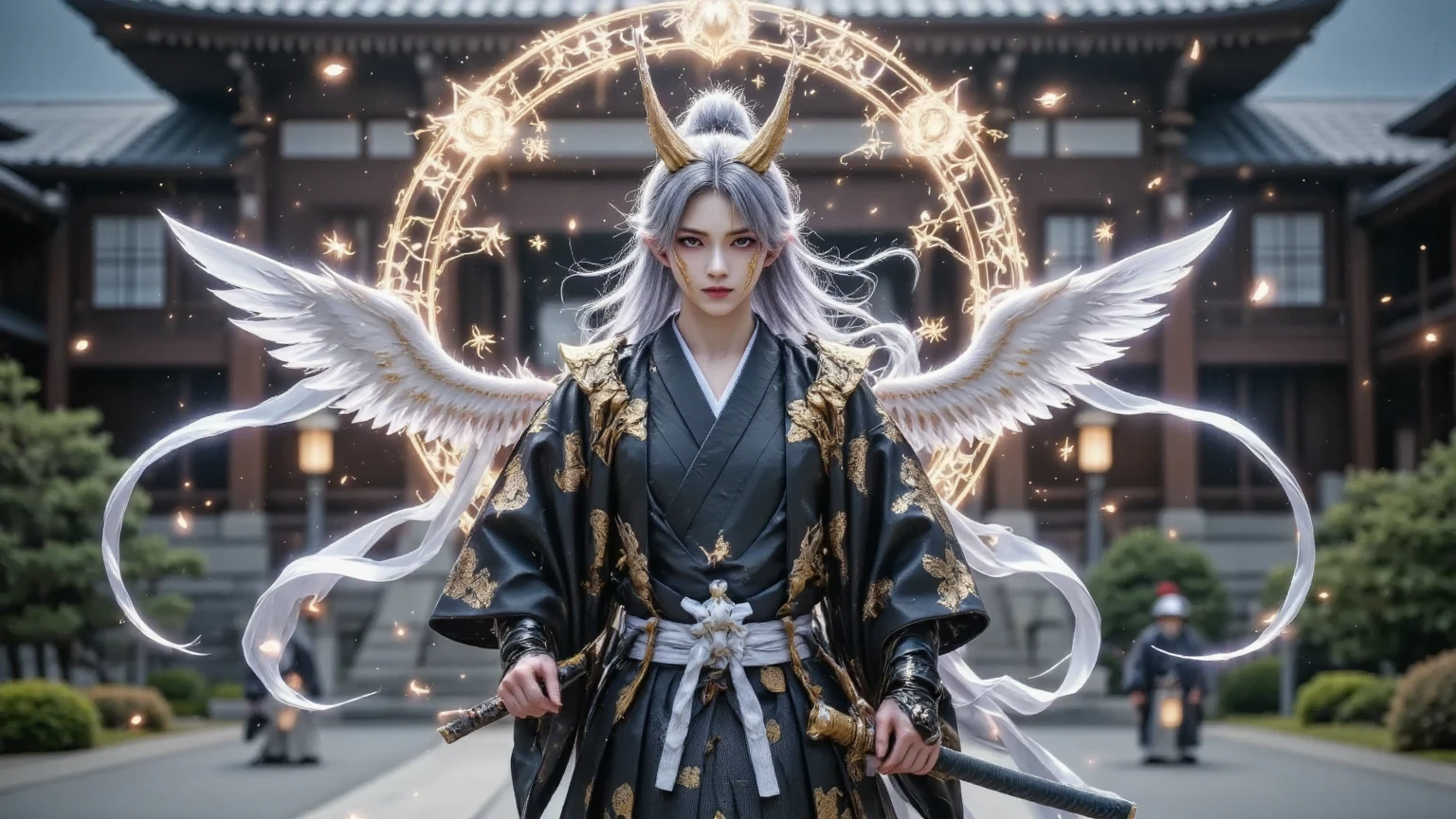 A woman, wearing Japanese-style armor with a Japanese samurai motif ...