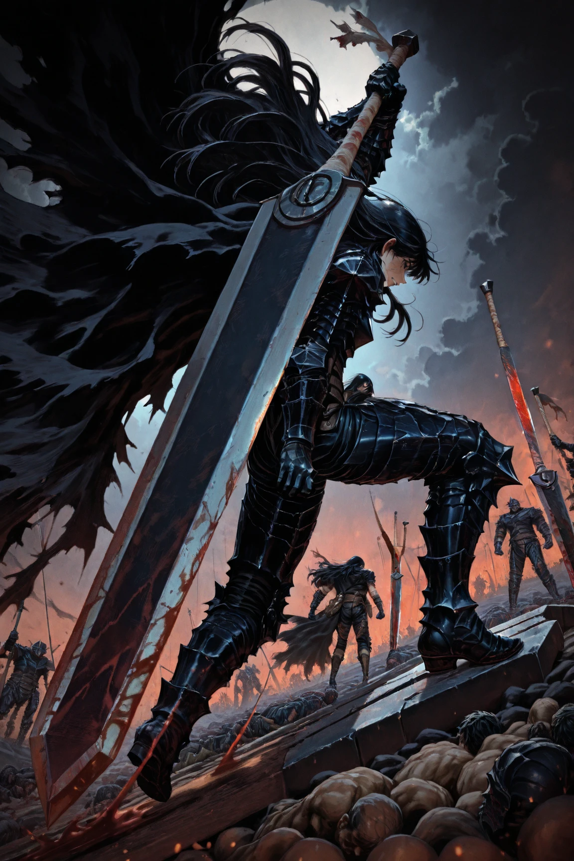 Dynamic pose, extreme perspective, 1girl,,Disheveled straight black ...