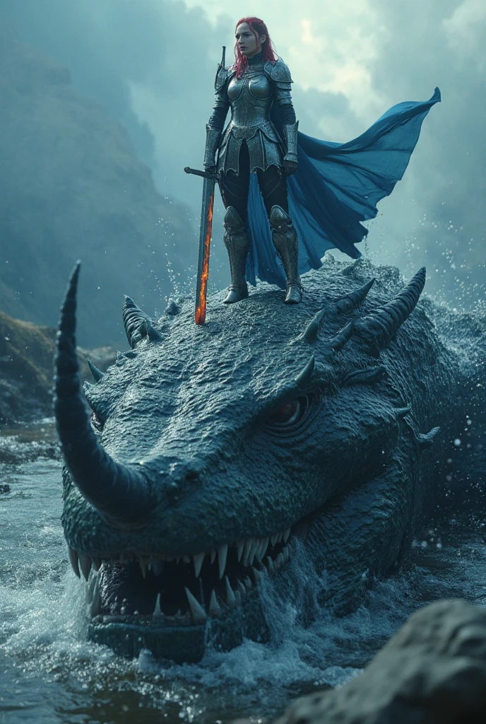 On top of the textured scaly head of a sea serpent, a monstrous ...