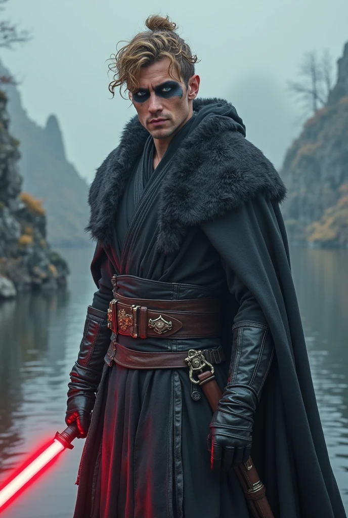 Sith Lord male, standing in the middle of a cloudy fjord, full body ...