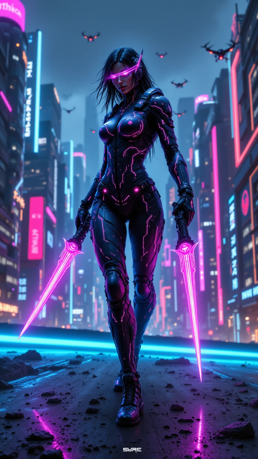 A cyber-enhanced female warrior in neon combat armor, dual energy blades on her - SeaArt AI