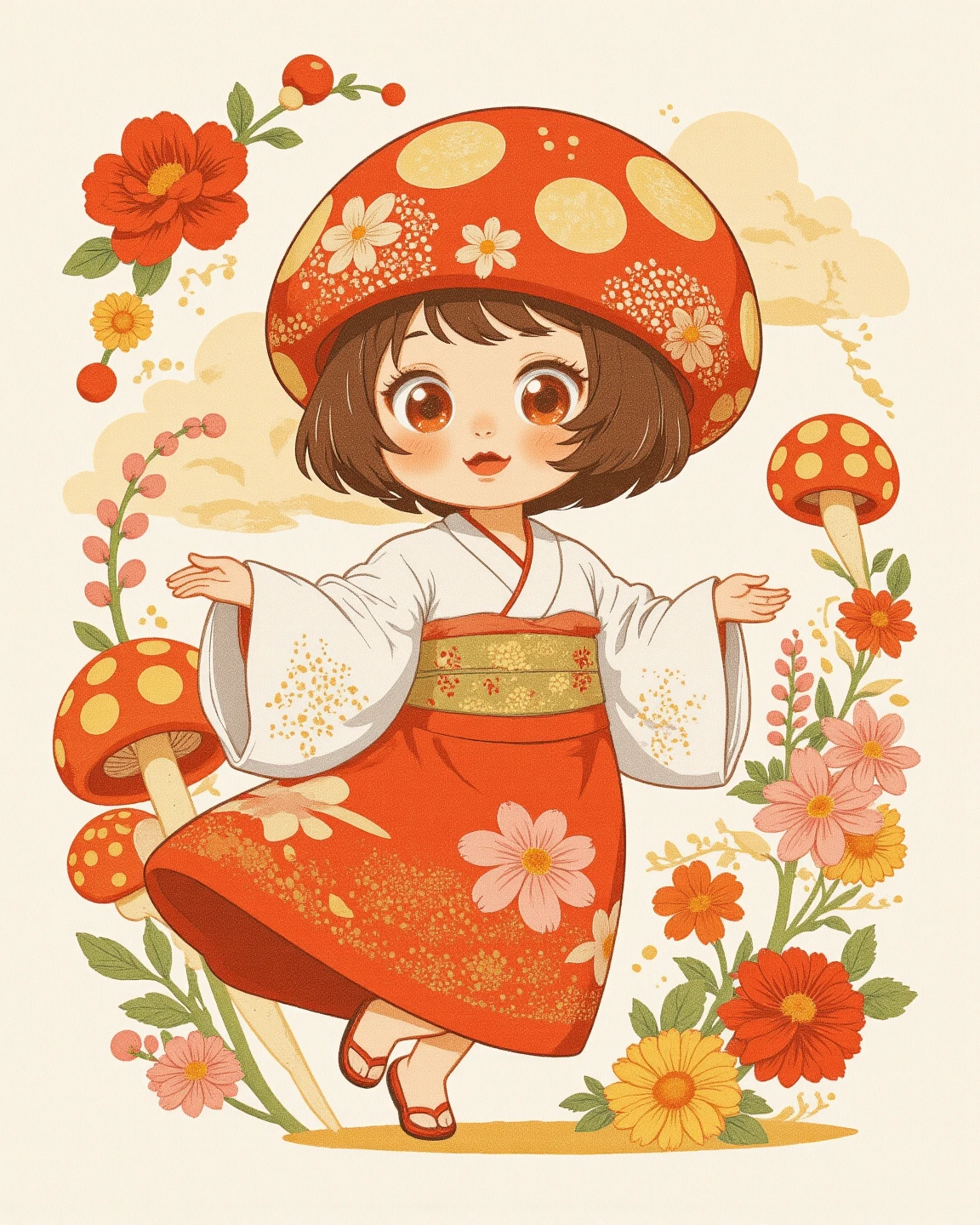 Kinoko-chan wearing a kimono、mushroom's face with twinkling eyes - SeaArt AI