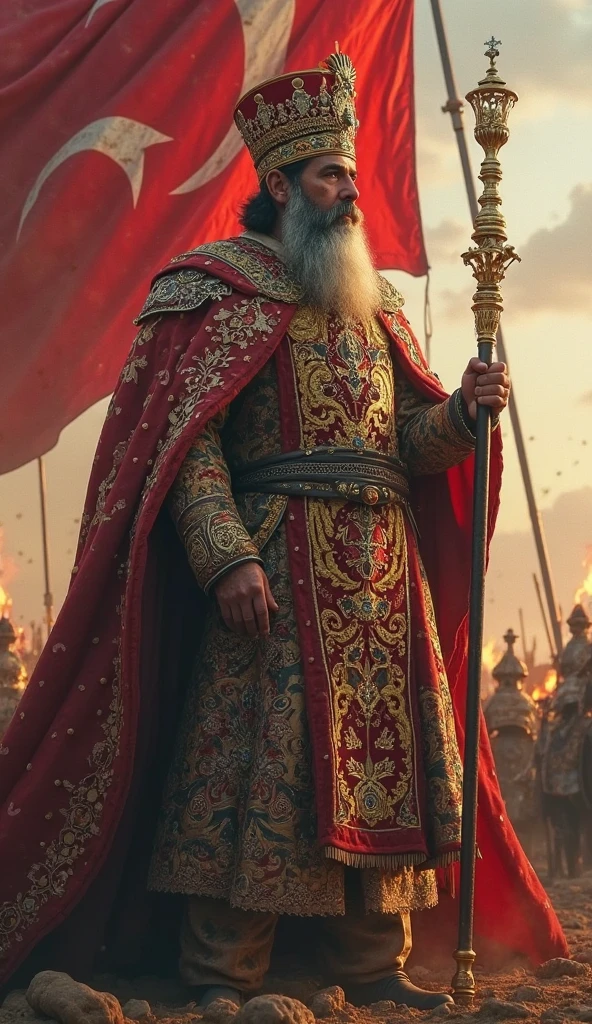 An Ottoman Sultan in royal attire on a battlefield, giant Ottoman flag ...