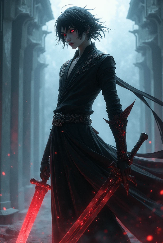 Create a Bleach Shinigami with black hair and eyes with a red iris ...