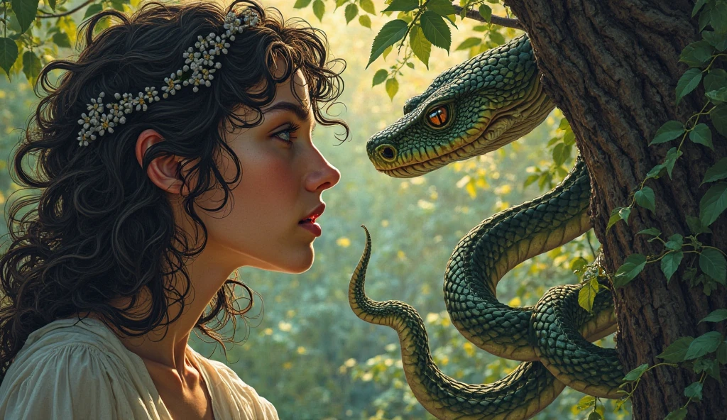 A dramatic illustration of the serpent coiled around a tree branch ...