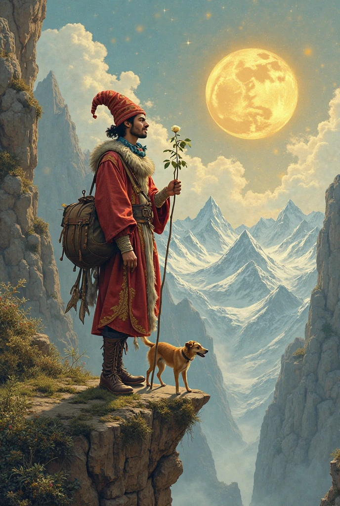 An image like on the Tarot card “The Fool”. Show a traveler dressed as ...