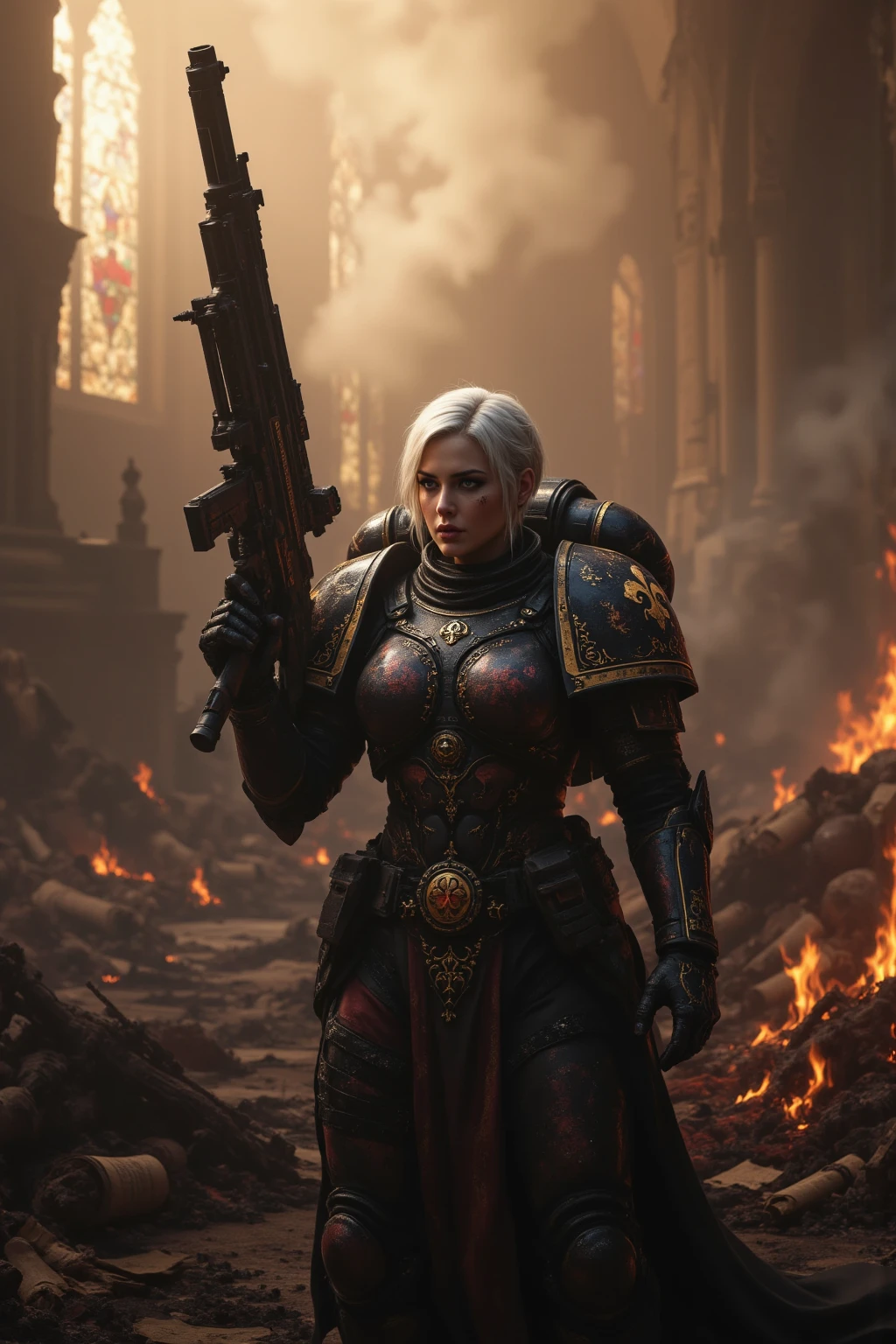 Hyper-realistic cinematic image of a Warhammer 40k Sister of Battle ...