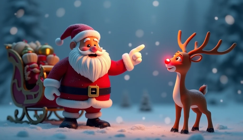 A 3D cartoon Santa Claus joyfully pointing toward the sky while talking ...