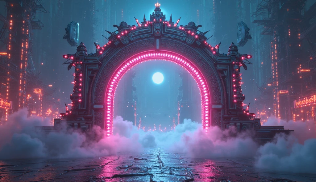"realistic digital circus gate, massive metallic arch with glowing neon ...