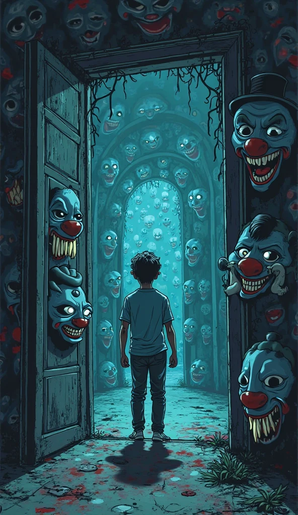 A dark cartoon digital illustration of a person trapped inside a twisted Hall of - SeaArt AI