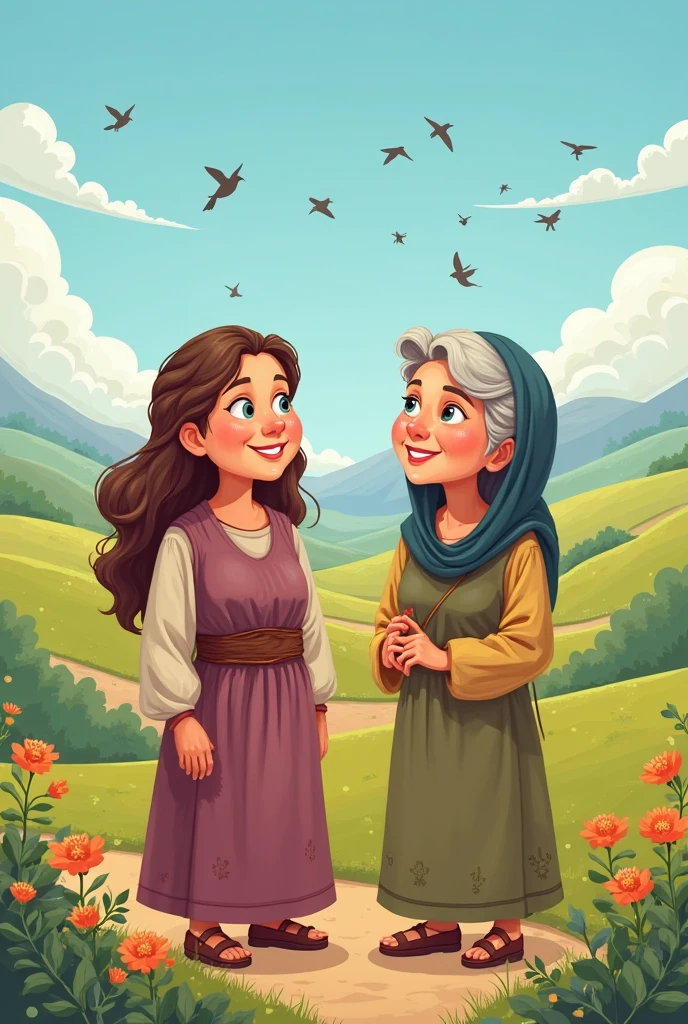 Make a playful cartoon of Ruth and Naomi (an older woman and a younger ...