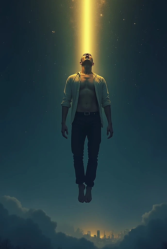 An animated-style surreal image of a man floating horizontally in mid ...