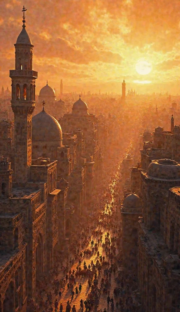 “Ancient Jerusalem at sunset, surrounded by distant Roman armies ...