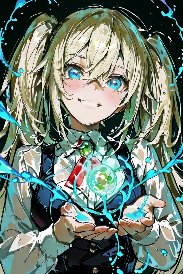 One person、Silky soft whitish blonde、Long Ponytails、clear emerald blue ...