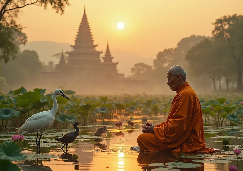 A serene scene of an old monk meditating in a lotus-filled pond - SeaArt AI