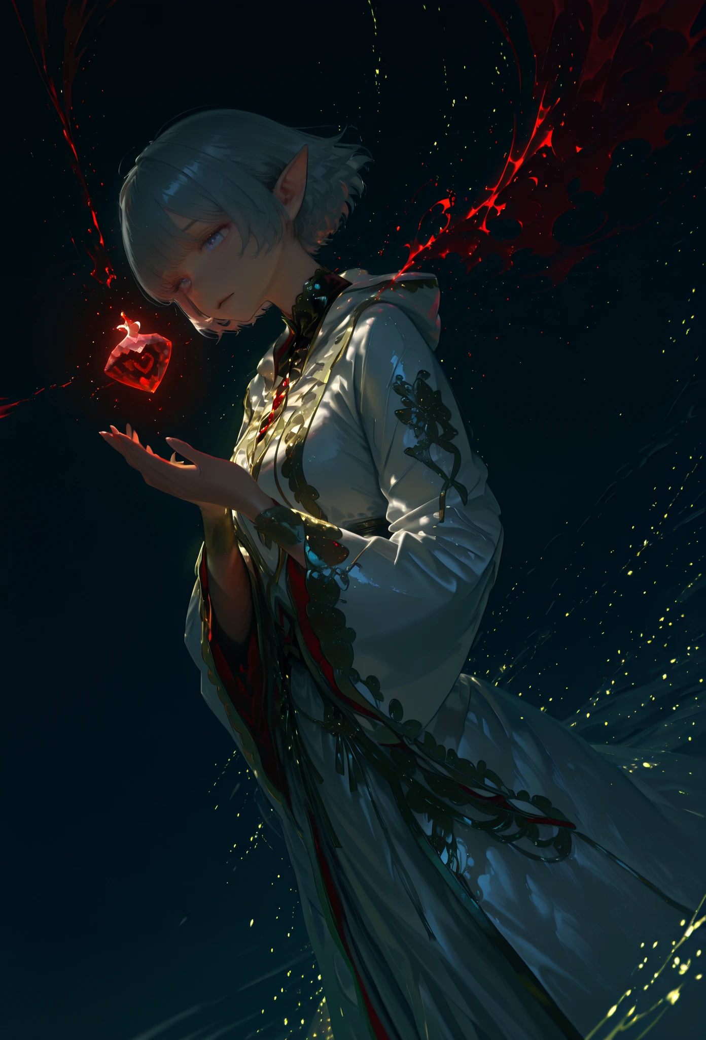 A beautiful white mage girl with silver hair and elf ears, wearing a ...
