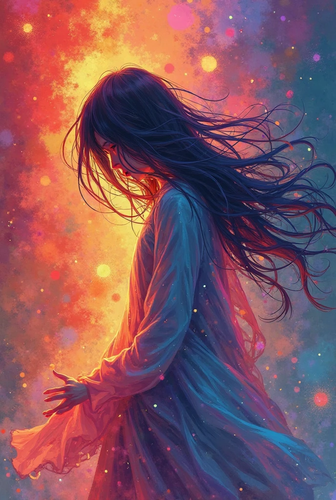 A vibrant, emotionally charged illustration of a lone figure with long ...